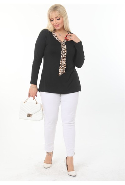 Melsay Siyah Leopar Desen Fular Detaylı Bluz Melsay Siyah Leopar Desen Fular Detaylı Bluz