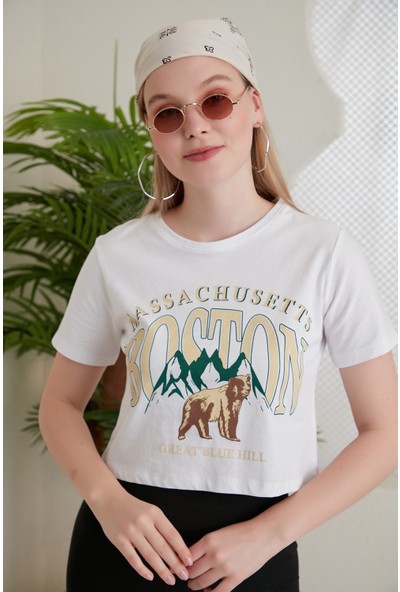 Alesgerov Boston Baskılı %100 Cotton Crop T-Shirt