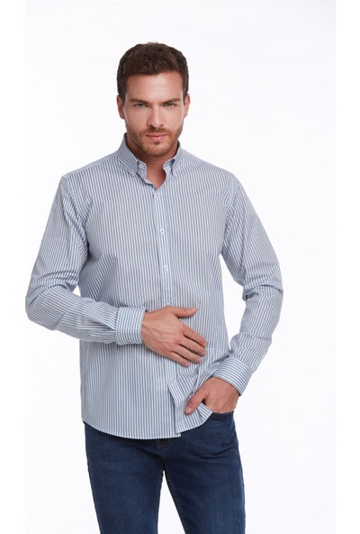 Hatemoğlu Mavi Comfort Fit %100 Pamuk Uzun Kollu Çizgili Gömlek Hatemoğlu Mavi Comfort Fit %100 Pamuk Uzun Kollu Çizgili Gömlek
