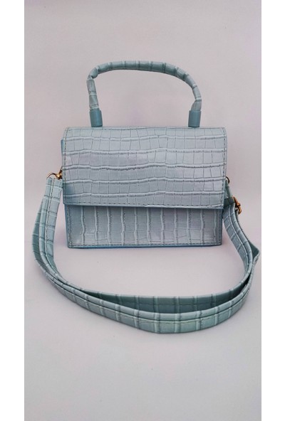 Çapraz Suni Deri Kutu Kadın Çanta Mavi Mercan