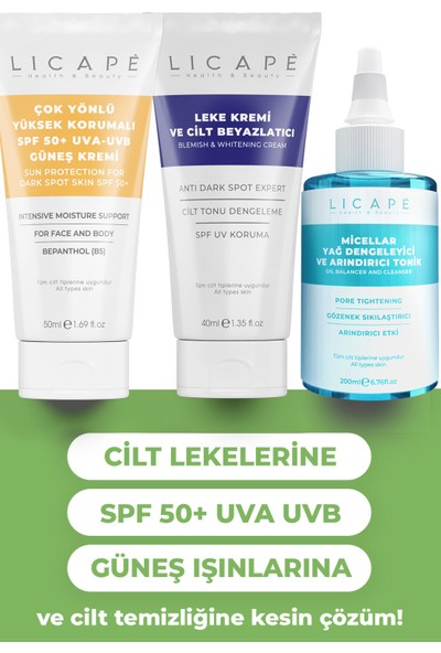 Licape Leke Kremi ve Cilt Beyazlatıcı + 50+ Faktör Güneş Kremi + Yağ Dengeleyici ve Arındırıcı Tonik Licape Leke Kremi ve Cilt Beyazlatıcı + 50+ Faktör Güneş Kremi + Yağ Dengeleyici ve Arındırıcı Tonik