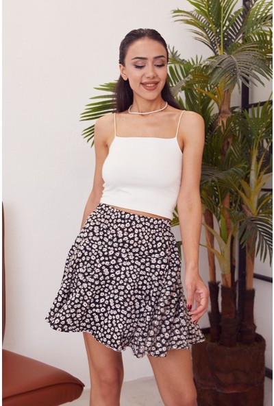 Çiçek Desen Şort Etek-Siyah