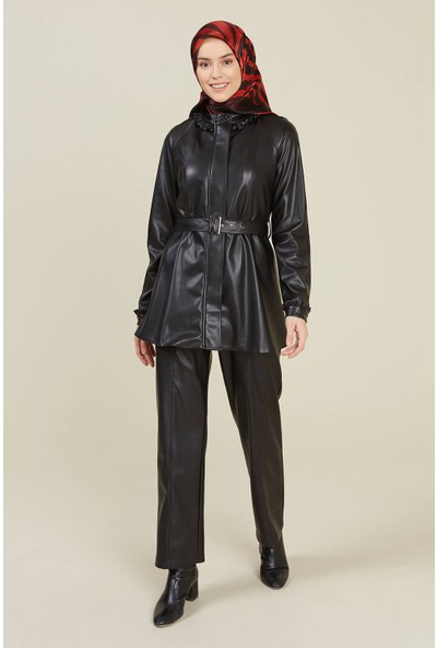 SETRMS Siyah Kemerli Yaka Detaylı Deri Ceket 22170112216011