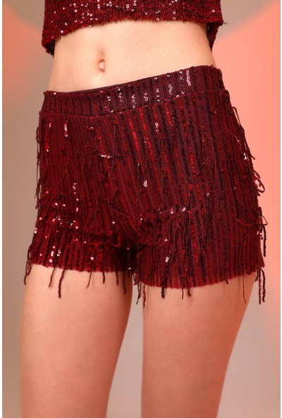 Hn Tekstil Likralı Iç Astarlı Pullu Tül Şort Bordo