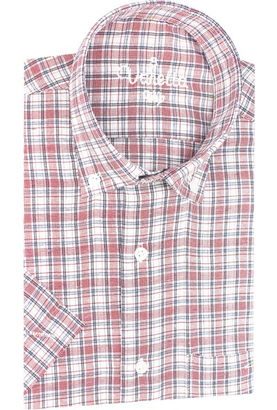 Erkek Beyaz-Kırmızı Klasik Kesim Düğmeli Yaka Kareli Kısa Kollu Gömlek