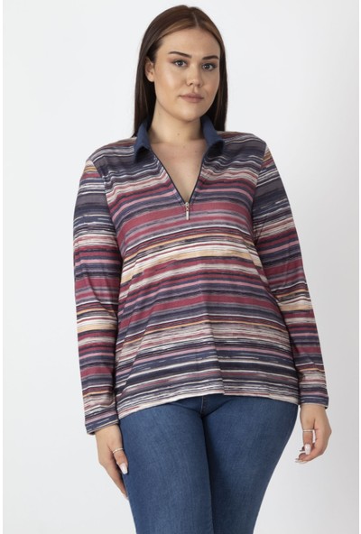 Şans Tekstil Kadın Renkli Ön Patı Fermuarlı Polo Yaka Bluz Şans Tekstil Kadın Renkli Ön Patı Fermuarlı Polo Yaka Bluz