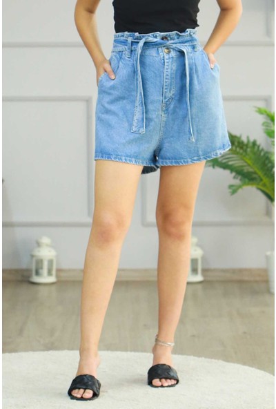 Madmext Mad Girls Mavi Kemerli Kot Şort MG508