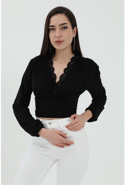 Vapur Derin V Yaka Dantelli Bluz - Siyah