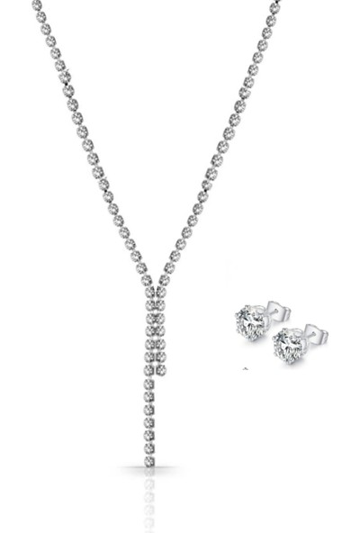 Takıconcept Abiye Silver Su Yolu Taşlı Kolye Küpe Set