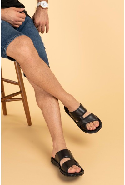 Gondol Erkek Hakiki Deri Comfort Günlük Terlik KML.105 - Siyah - 44