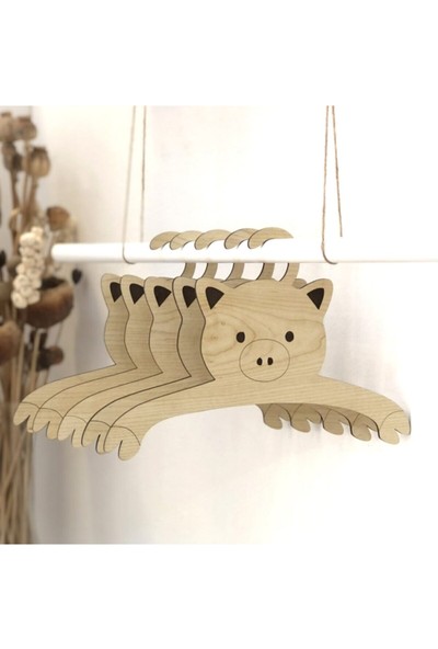 Artı Baskı Atölyesi 12'li Bebek Elbise Askısı Ahşap Kıyafet Askısı Domuz Temalı