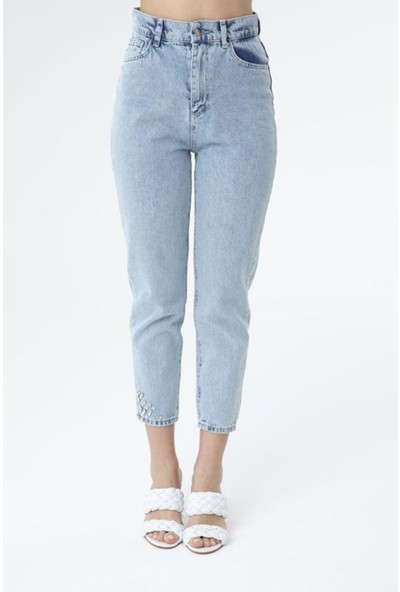 Ayşe Akay Paçası Taş Detaylı Kot Pantolon - Mavi