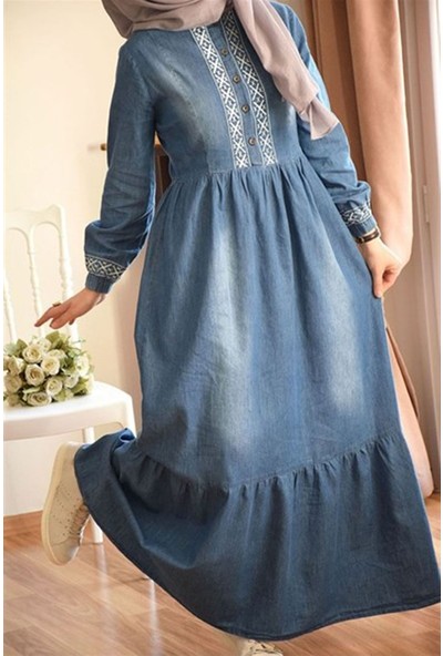 İlkimay Yarım Düğmeli Nakışlı Sonya Tesettür Kot Elbise 208 - Açık Mavi