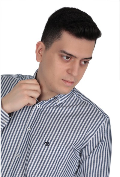 Önkal Gömlek Klasik Kesim Boyuna Çizgili Çizgi Üzerlerinde Nokta Desenli Yakası Düğmeli Erkek Gömlek