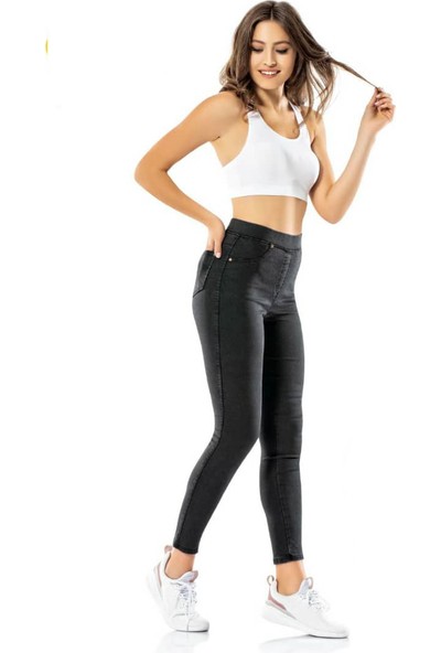 Erceys Siyah Yüksek Bel Büyük Beden Kot Pantolon Görünümlü Esnek Tayt Cepli Sunway