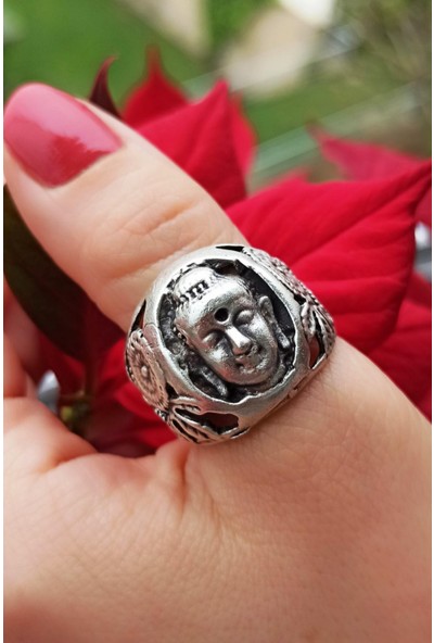 Fildişi Aksesuar Antik Gümüş Kaplama Budha Şekilli El Yapımı Ayarlanabilir Erkek Yüzük