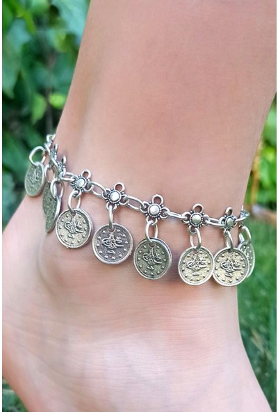 Fildişi Aksesuar Antik Gümüş Kaplama Tek Sıra Papatya & Tuğra Şekilli El Yapımı Kadın Halhal Fildişi Aksesuar Antik Gümüş Kaplama Tek Sıra Papatya & Tuğra Şekilli El Yapımı Kadın Halhal