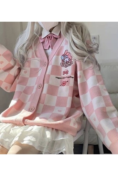 Touz Moda Anime Harajuku My Melody Pembe Damalı Hırka Touz Moda Anime Harajuku My Melody Pembe Damalı Hırka