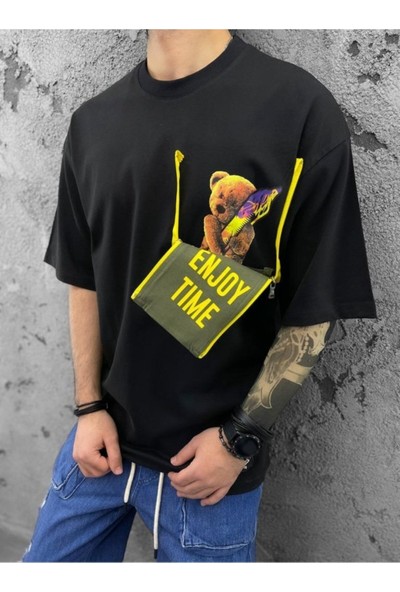 Enjoy Time Siyah Cepli Oversize Unisex Tshirt