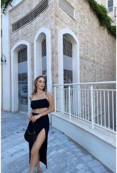 Eka Kadın Siyah Ip Askılı Crop Yırtmaçlı Etek Takım 0832-10004