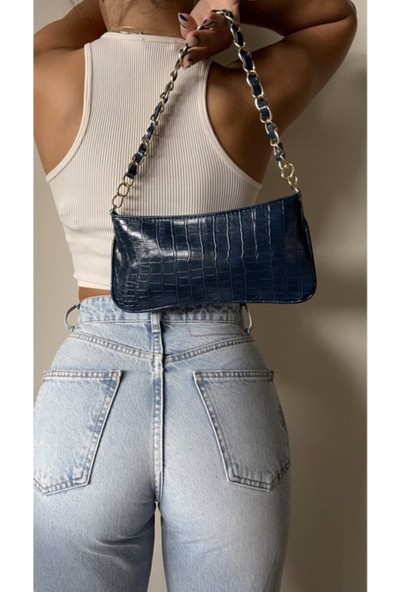Greams Lacivert Kroko Timsah Derisi Desenli Zincirli Baget Çanta Greams Lacivert Kroko Timsah Derisi Desenli Zincirli Baget Çanta