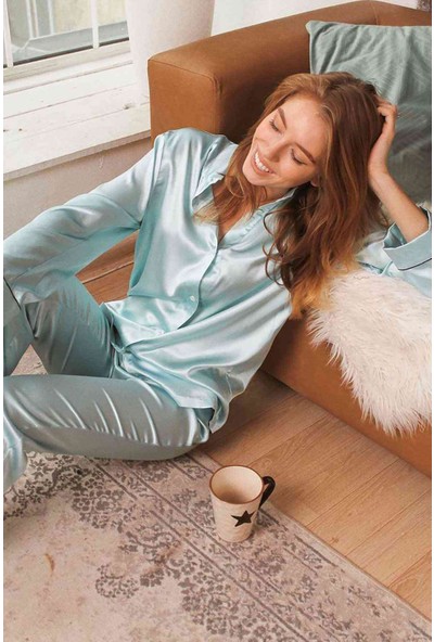 Esinist Saten Pijama Takım Hakim Yakalı Mavi