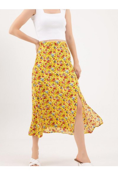 Hn Tekstil Desenli Yırtmaçlı Etek