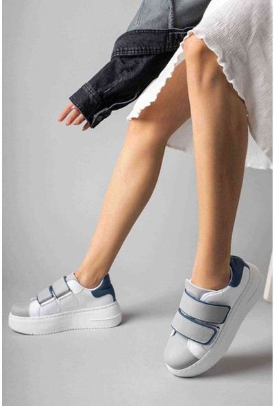 Mevese Kadın Beyaz Mavi Yüksek Topuklu Spor Ayakkabı , Snekaer