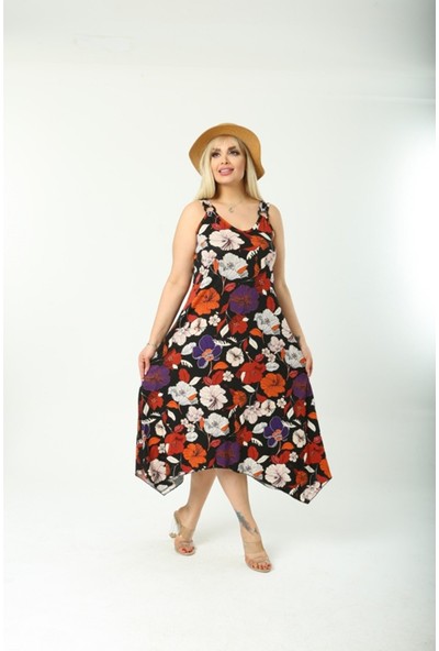 Kadın Büyük Beden Tokalı Askılı Çiçek Desenli Elbise