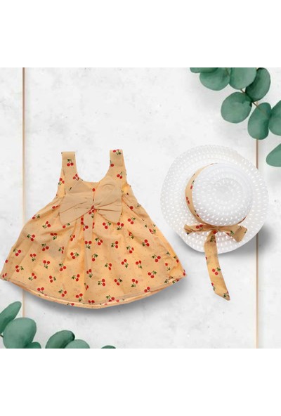 Kiraz Desenli Şapkalı Kız Bebek Elbise Somon 6-24 Ay Somon