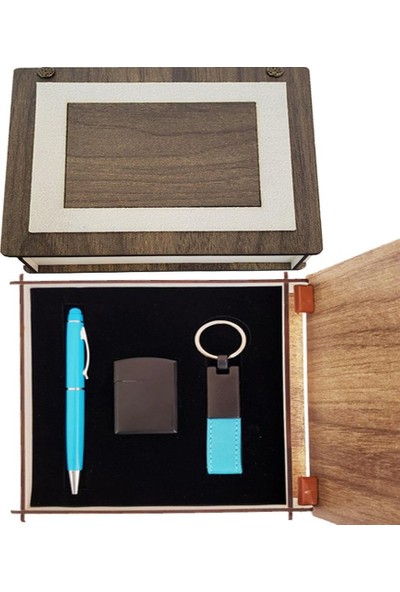 Cryfox Ahşap Kutulu Mavi Kalem Anahtarlık ve Çakmak Set Cryfox Ahşap Kutulu Mavi Kalem Anahtarlık ve Çakmak Set