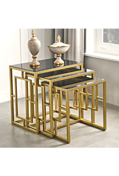 Marymella Füme Cam Dikdörtgen Zigon Sehpa Gold Kaplama