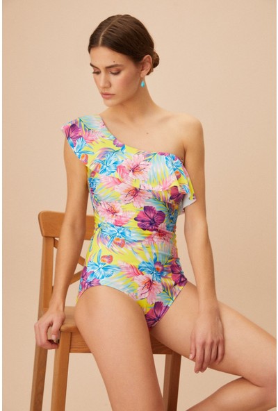 Suwen Tek Omuz Desenli Volanlı Mayo