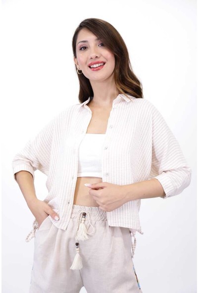 Modaline Çizgili Yan Bağlamalı Gömlek Modaline Çizgili Yan Bağlamalı Gömlek