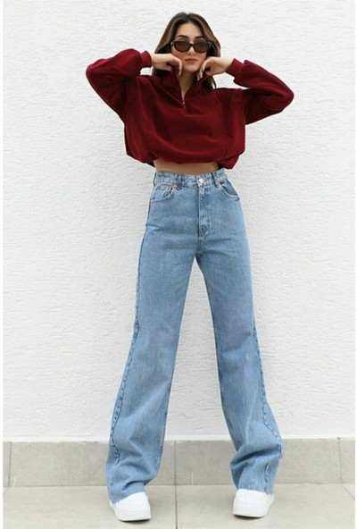 İnce Giyim Kadın Yüksek Bel Bol Paça Denim Kot Pantolon
