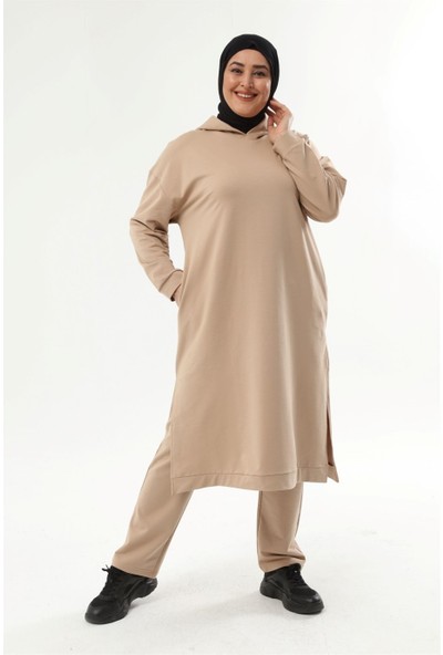 Bwest Kapüşonlu Büyük Beden Eşofman Takım Bej (11038-012)