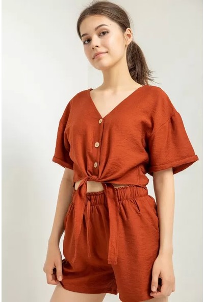 Mood Alya Kiremit Keten Kumaş Bluz-Şort Mood Alya Kiremit Keten Kumaş Bluz-Şort