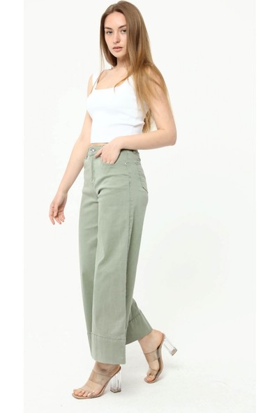 Pantolon Jean Parçali Ispanyol Paça 5 Cepli - Cagla Yesılı