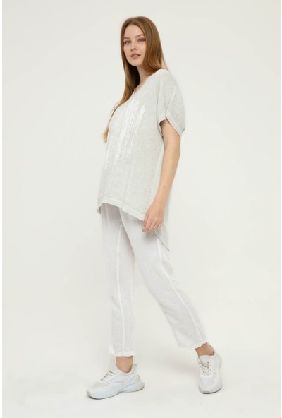 Bluz V Yaka Taşli Çizgili Sirti 5 Düğmeli 2 Kumaş -