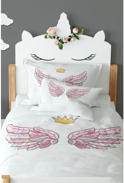 Rivaİstanbul Melek Kanadı Desenli Çocuk Nevresim Takımı Pamuk Saten (Çarşafsız)