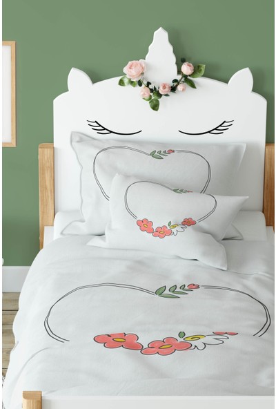 Rivaİstanbul Kalpli Çiçekler Çocuk Nevresim Takımı Pamuk Saten (Çarşafsız)