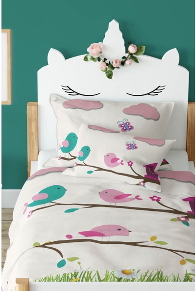 Rivaİstanbul Kuş Desenli Çocuk Nevresim Takımı Pamuk Saten (Çarşafsız)