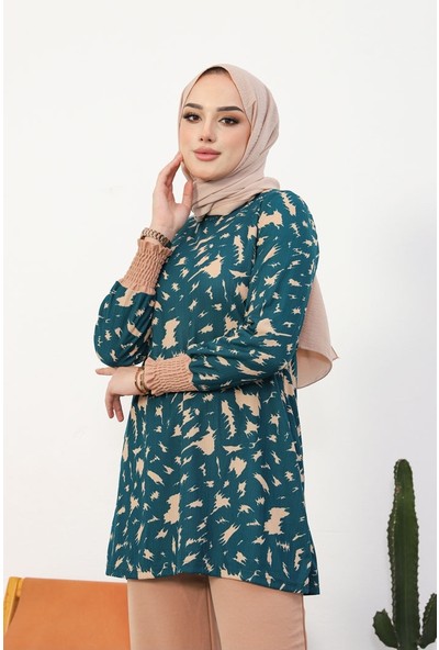 İlkimay Lima Kuşaklı Fırça Desen Tunik Pantolon Ikili Takım 274 - Petrol Yeşili