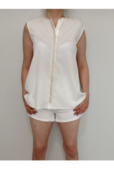 Hn Tekstil Hn Collection Boyun ve Ön Zımba Detay Şifon Beyaz Gömlek Bluz