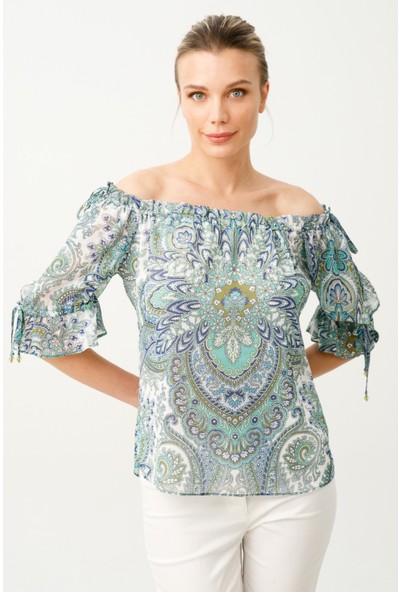 Ekol Kadın Kayık Yaka Desenli Bluz 6053050 Yeşil