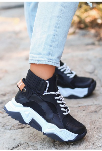 El Işçiliği Siyah Bağcıklı Lüks Deri Yüksek Taban Spor Kadın Bot