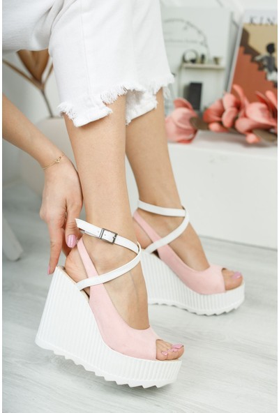 El Işçiliği Süet Pudra Tokalı Platform Kadın Ayakkabı