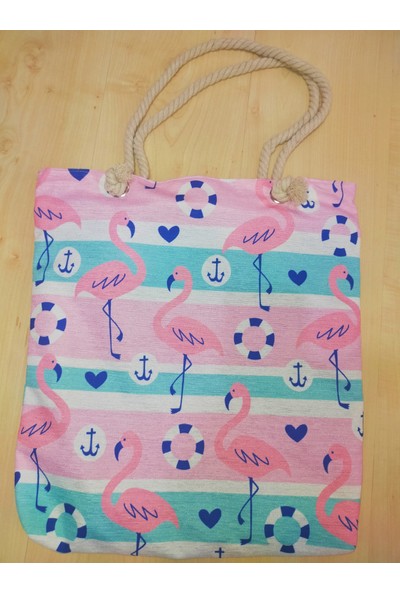 Plaj Çantası -Filamingo Figürlü Çanta Fermuarlı Iç Cepli