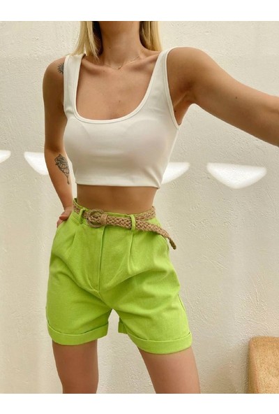 Quzu Yeşil Beli Kemerli Şort