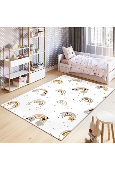 Rainbow Gökkuşağı Desenli Beyaz Zeminli Renkli Unisex Çocuk Halısı